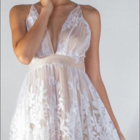 Luxxel Dresses Vici Darling Deep V Neck White Lacetulle Overlay